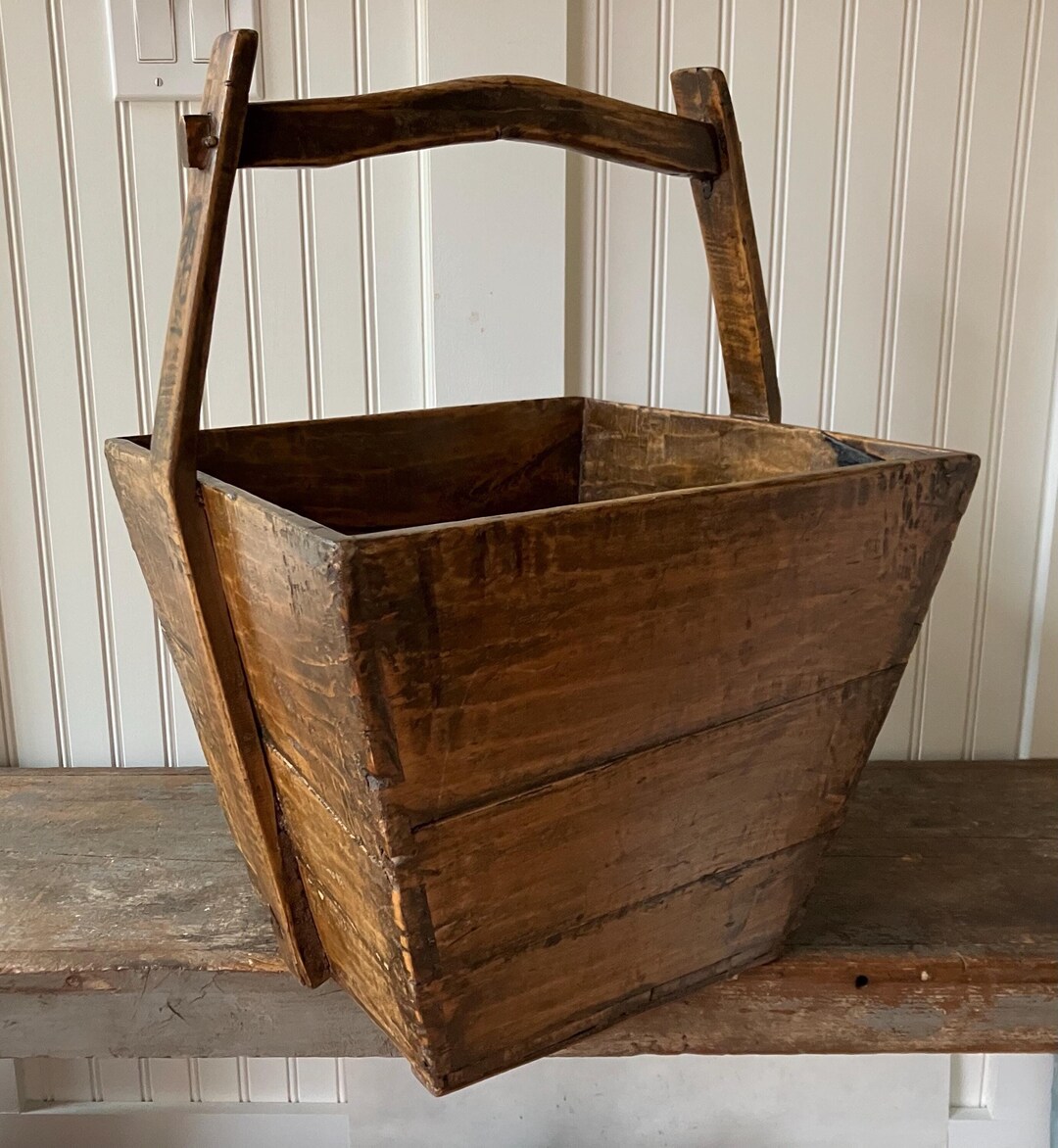 Antique Vintage Asian Wooden Rice Grain Harvest Bucket With Handle, 23 ...