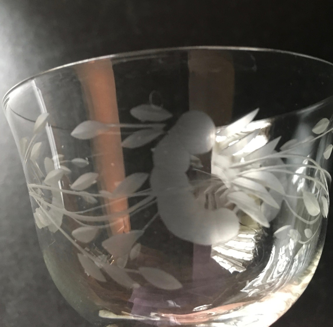 Vintage Pair Etched Wine Glasses, Leaf and Flower Design, 5 1/2" Tall X ...