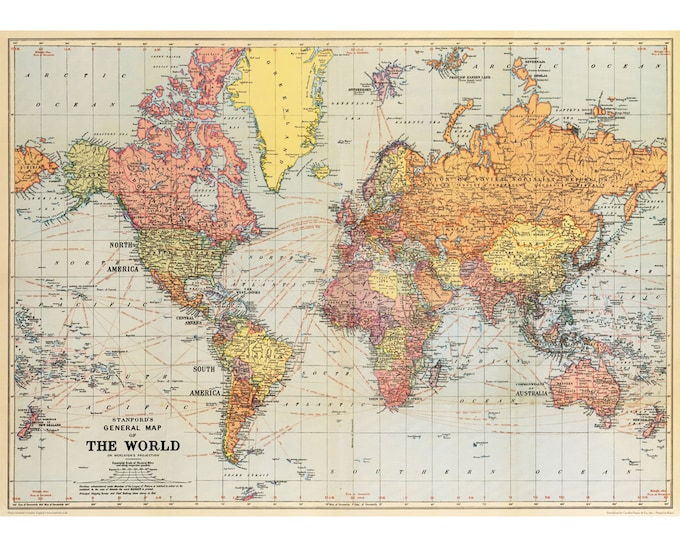 Vintage World Map Chart Poster Print Hanging Chart / Pull Down Style ...