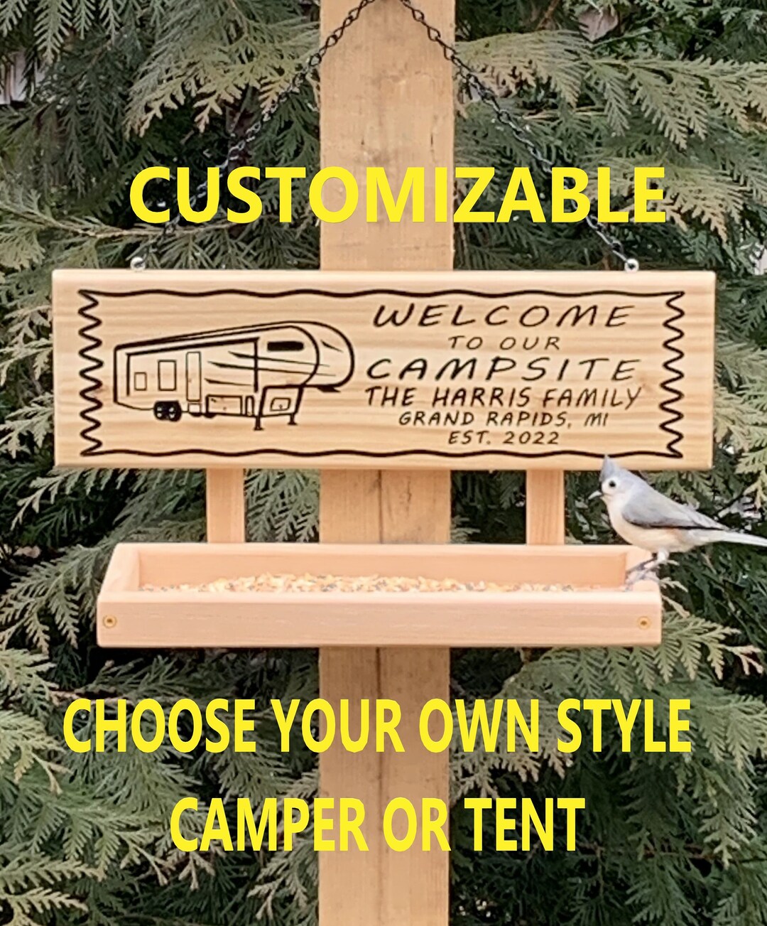 Custom Bird Feeder Camp Sign With Attached Bird Feeder Cedar Camping ...