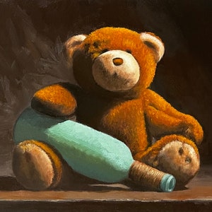 Teddy Bear Original Oil Painting Toy Themed Artwork for Nursery Cute ...