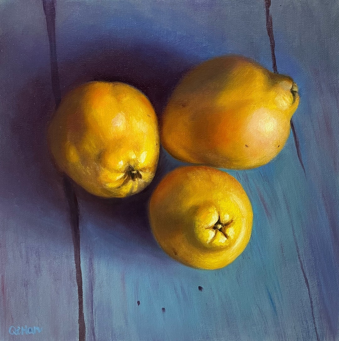 Quince Trio Original Oil Painting, Yellow Fruit-themed Artwork for Home ...