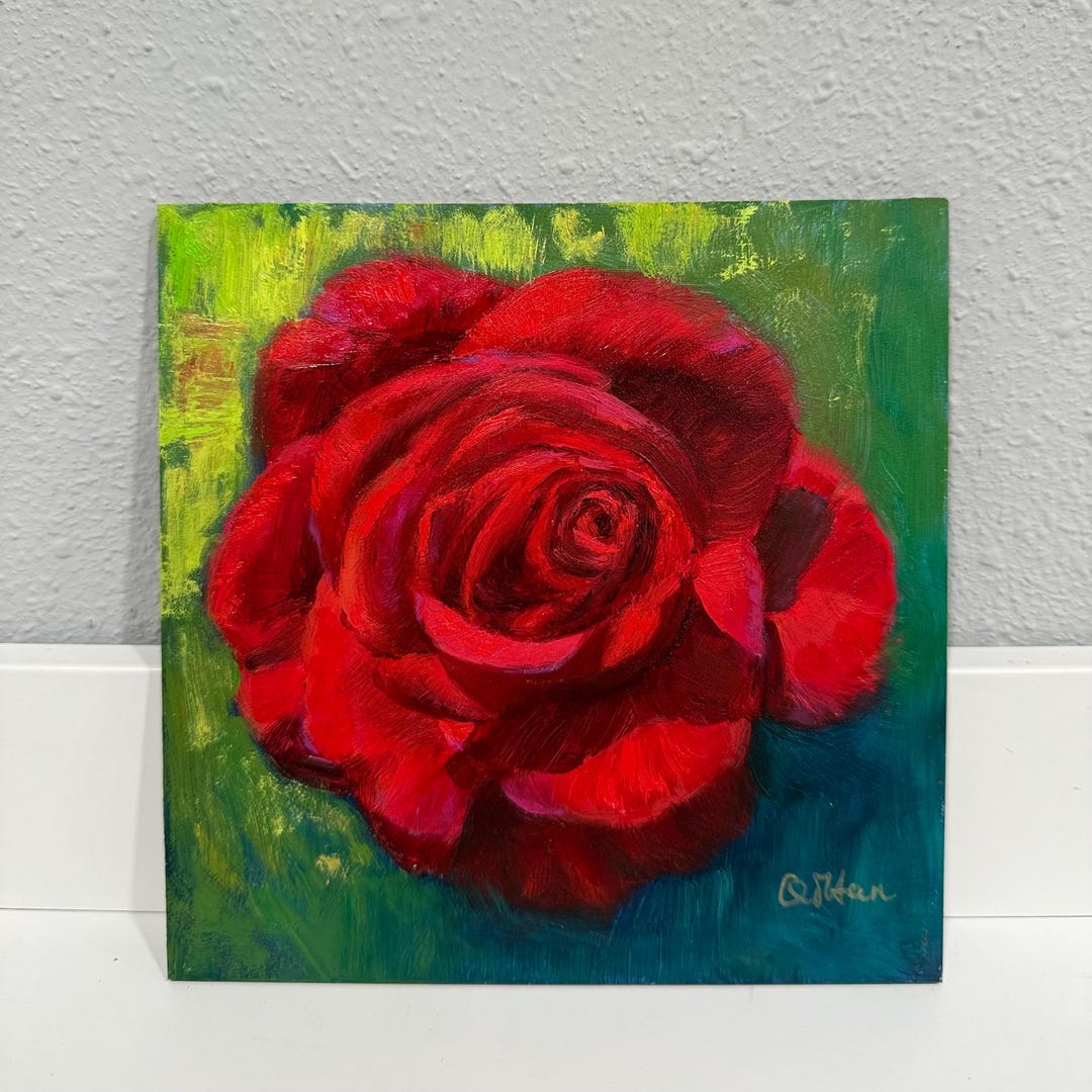 Brilliant Red Rose Original Oil Painting: Expressive Floral Art (6x6 ...