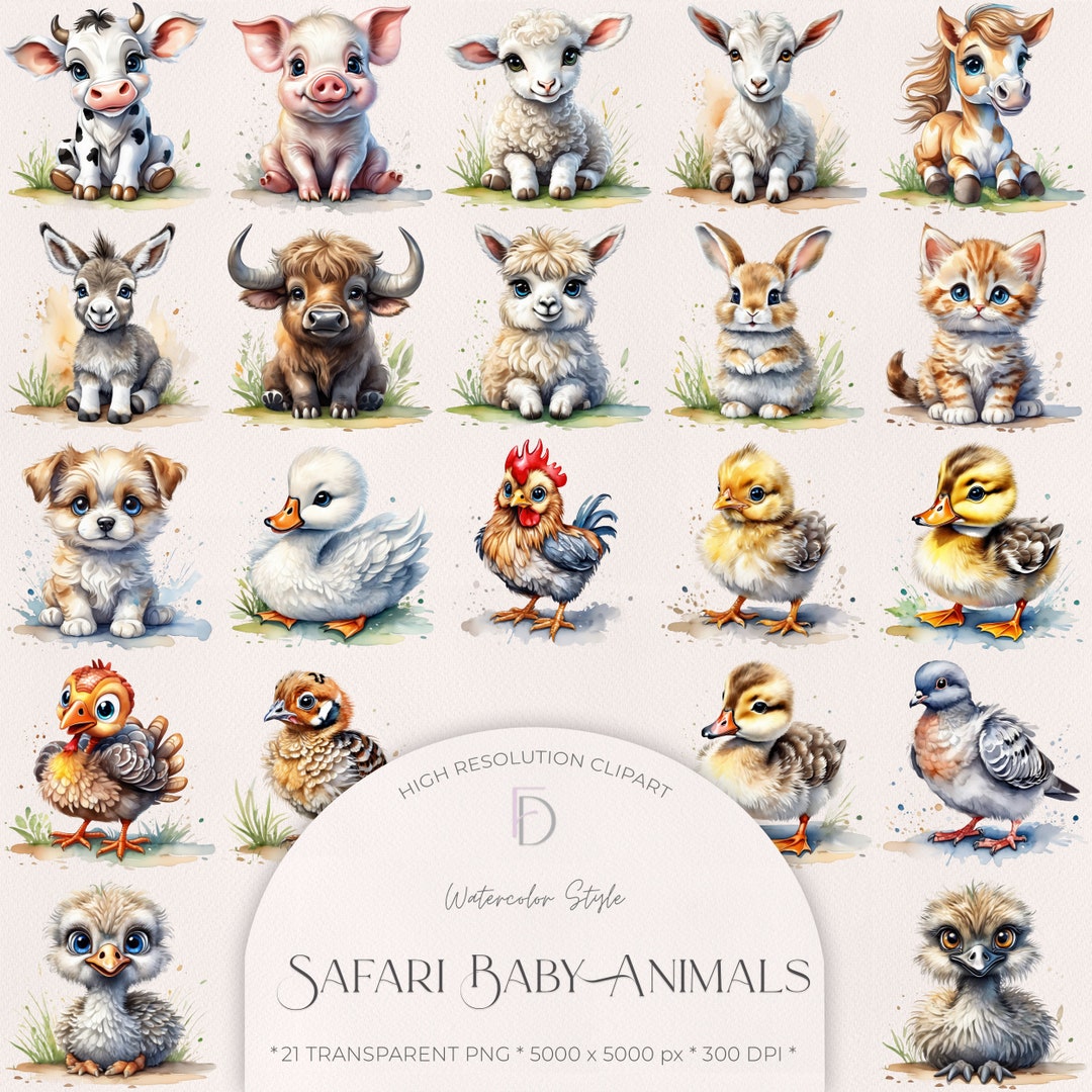 Farm Baby Animals Watercolor Clipart, 21 High-resolution PNG Files ...