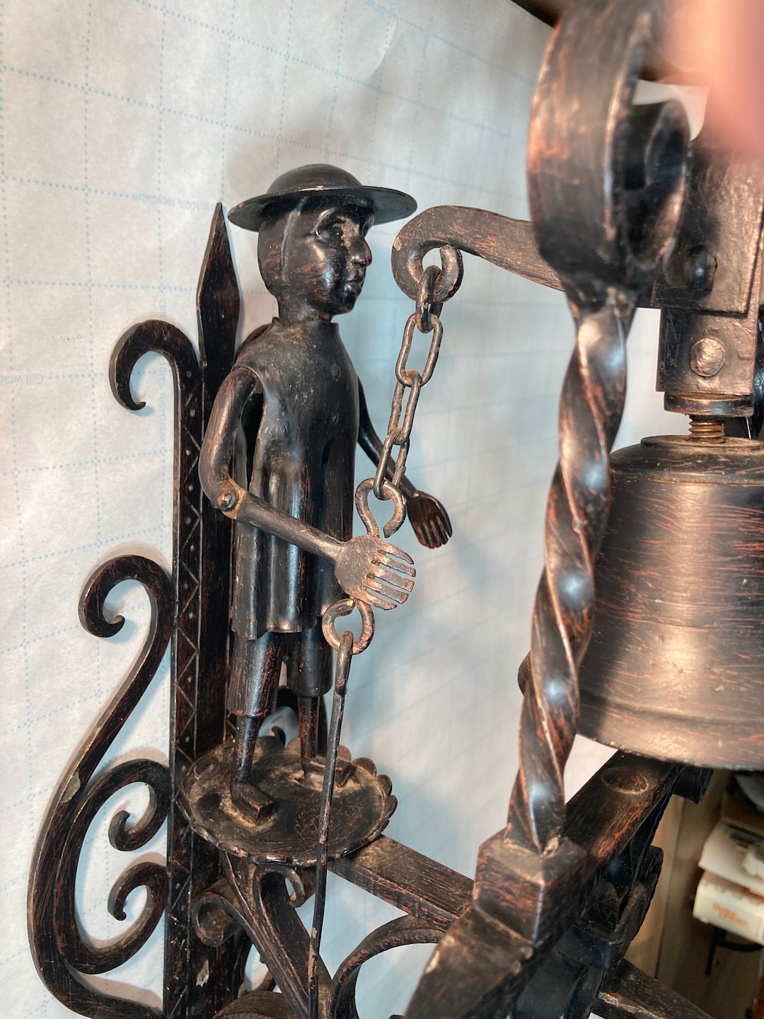 Vintage Wrought Iron Figural Hand Pull Entrance Bell with Bronze Bell ...