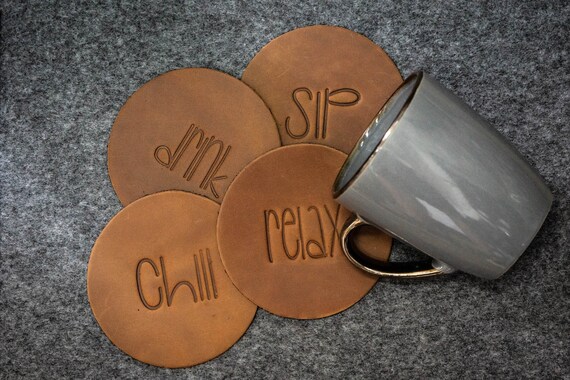 Set of 4 Leather Coasters: Relax Chill Drink Sip. - Etsy