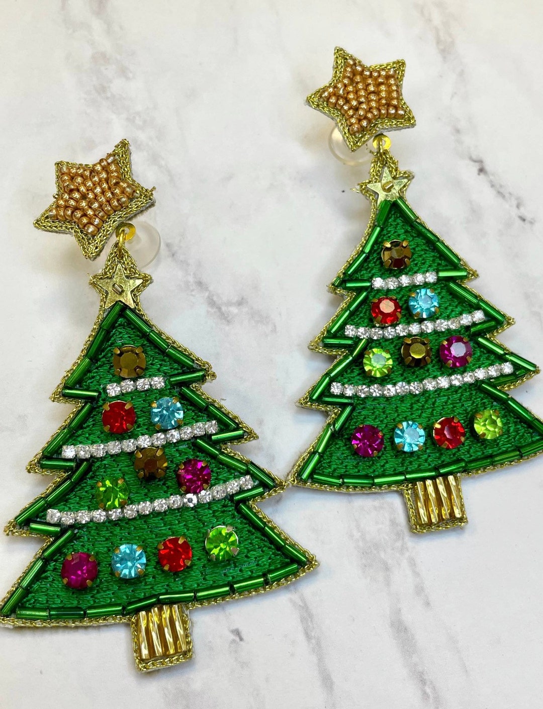 Beaded Green Thread & Rhinestone Christmas Tree Earrings - Etsy