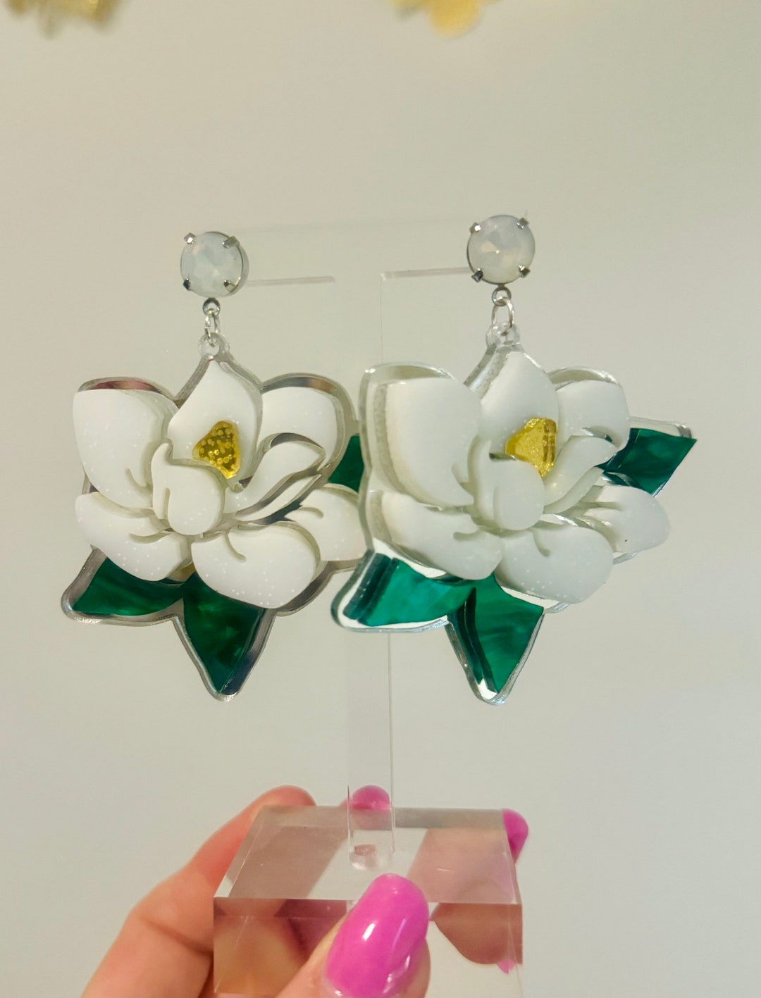 Handcrafted Acrylic Louisiana Southern Magnolia Flower Earrings Unique ...