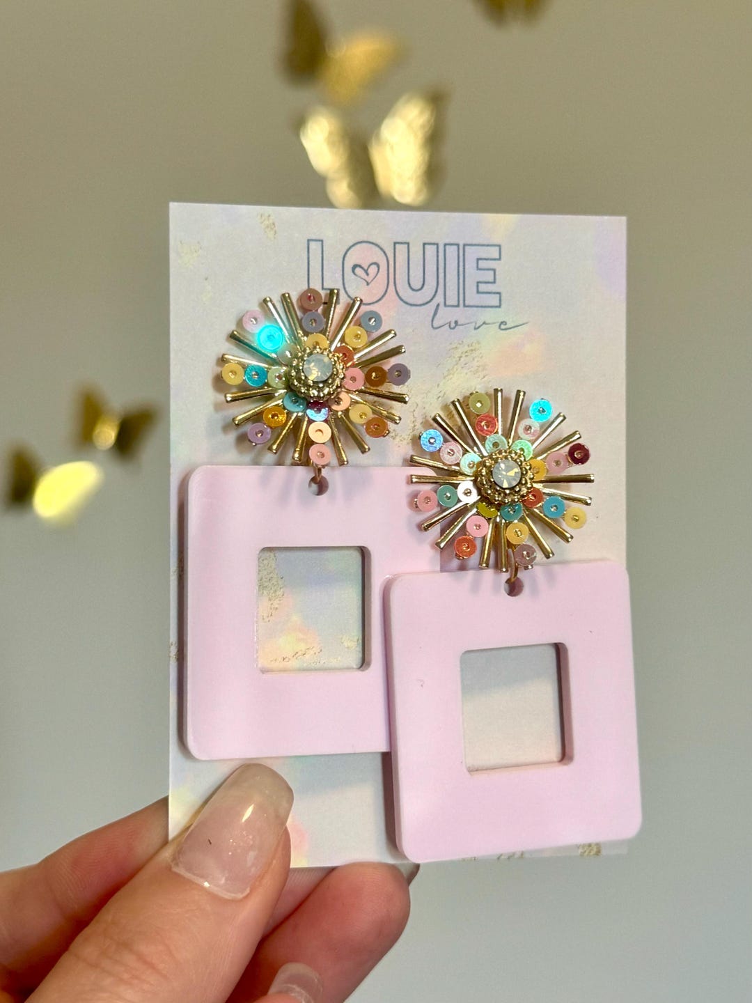 Light Pink Acrylic Earrings With Sequin Burst Topper Statement Earrings ...