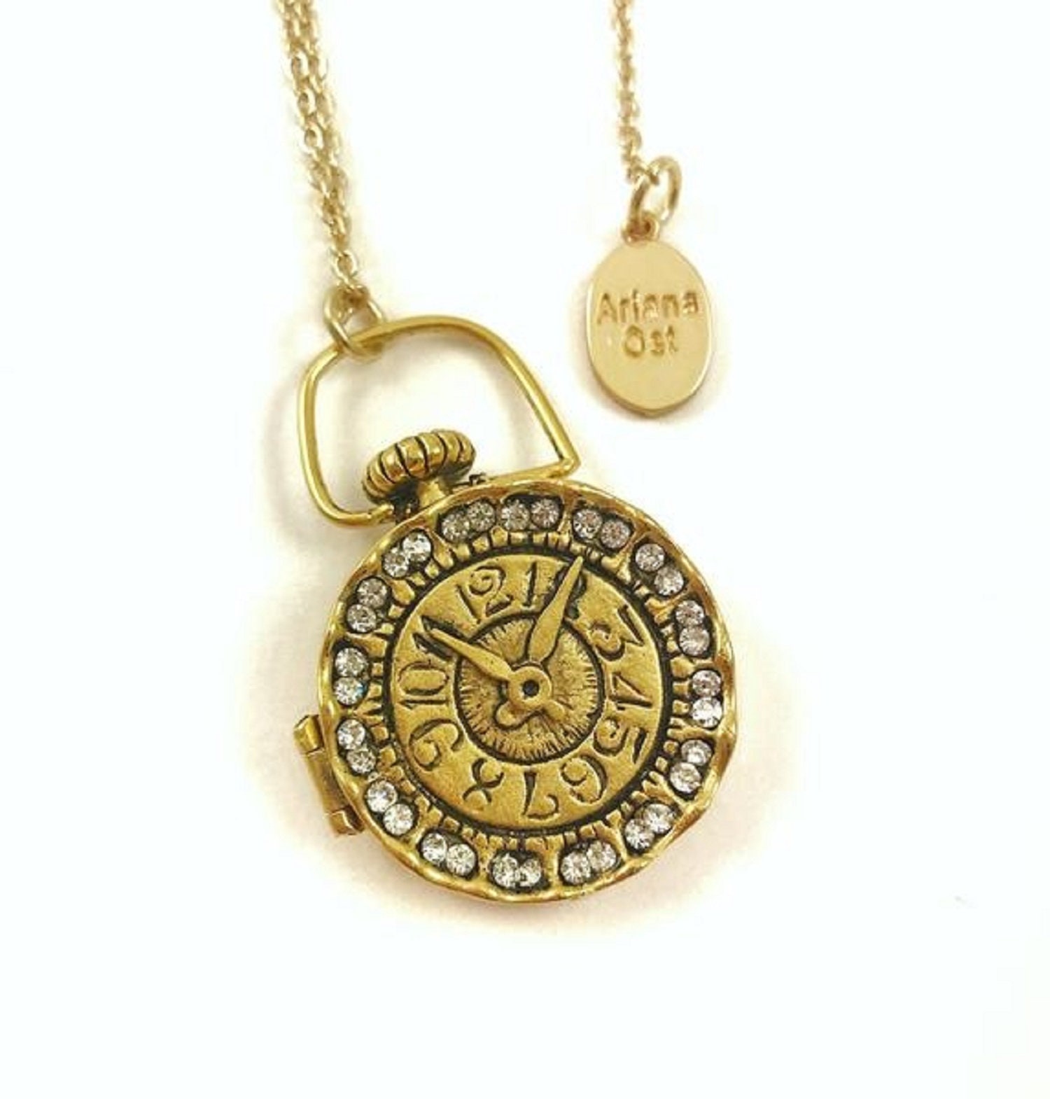 Gold Jewelry Clock at 11:11 Locket Gold Chain Necklace Hand Sculpted in ...