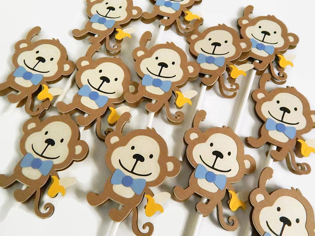 Cute Monkey Cupcake Toppers, Blue Birthday Party or Baby Shower Cake ...