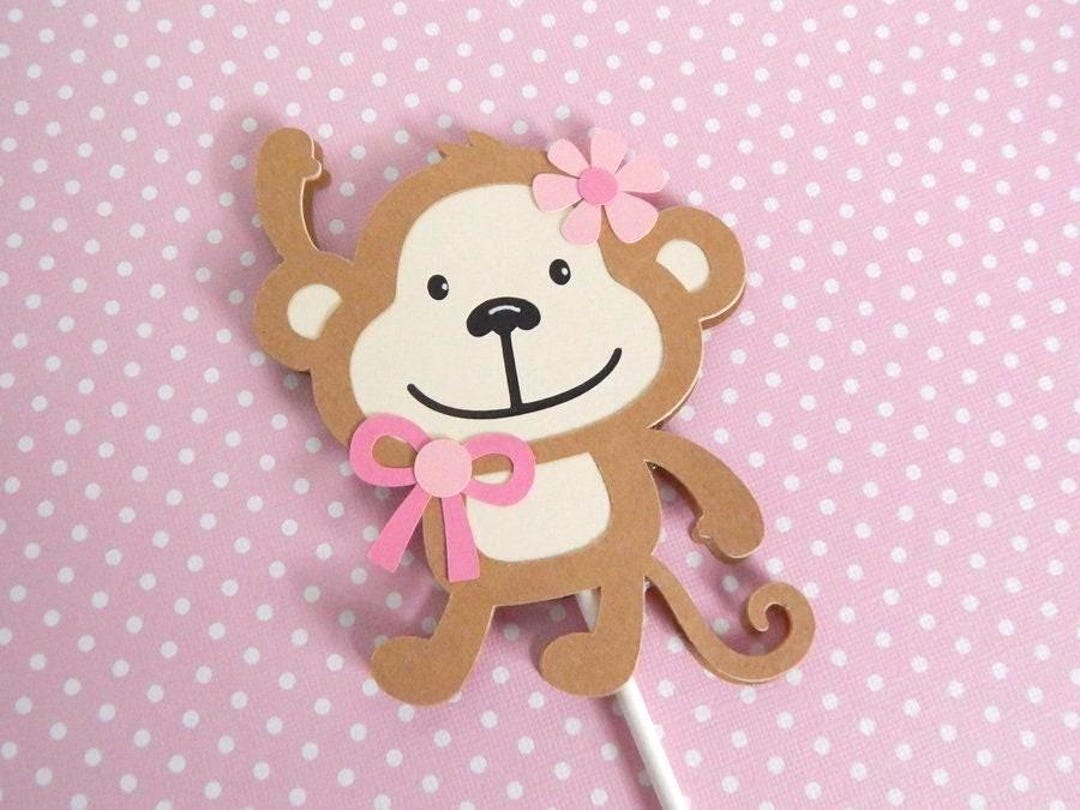 Monkey Cake Topper: Jungle Theme Birthday Decoration, Pink and Brown ...
