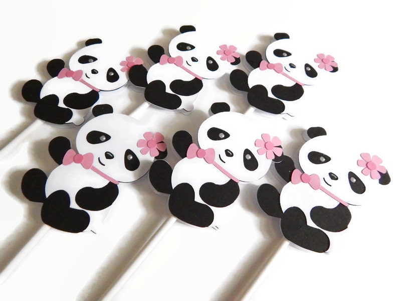 Panda Bear Cupcake Toppers With Pink Decorations, Handmade Panda-theme ...