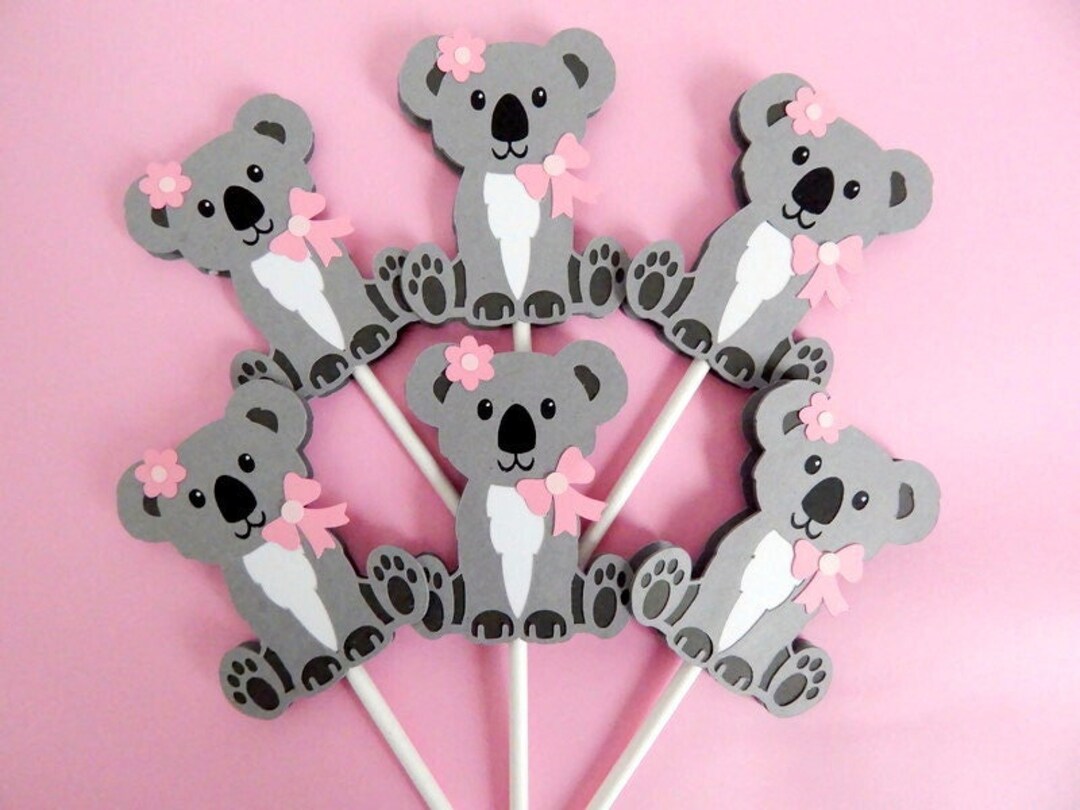 Koala Bear Cupcake Toppers, Pink and Gray Koala-themed Birthday Party ...