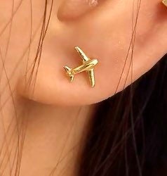 18K Solid Gold, Airplane Earrings, Plane Studs, Playful Earrings, Plane ...