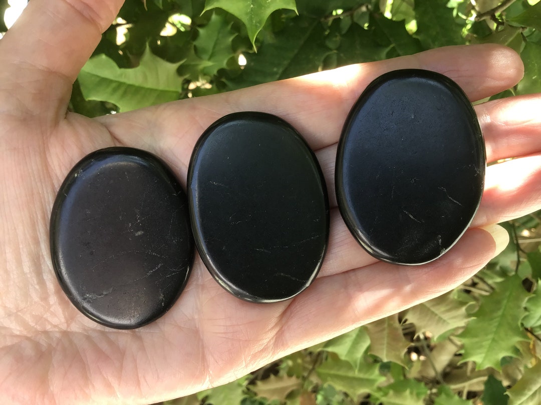 3 PC SHUNGITE Oval Palm Stone, Shungite Cabochons, Russian Shungite ...