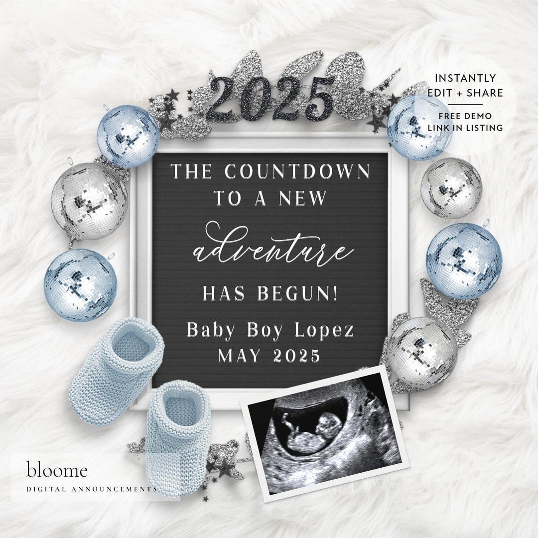 Edit Instantly! 2025 NEW YEARS Its a BOY Digital Pregnancy Announcement ...