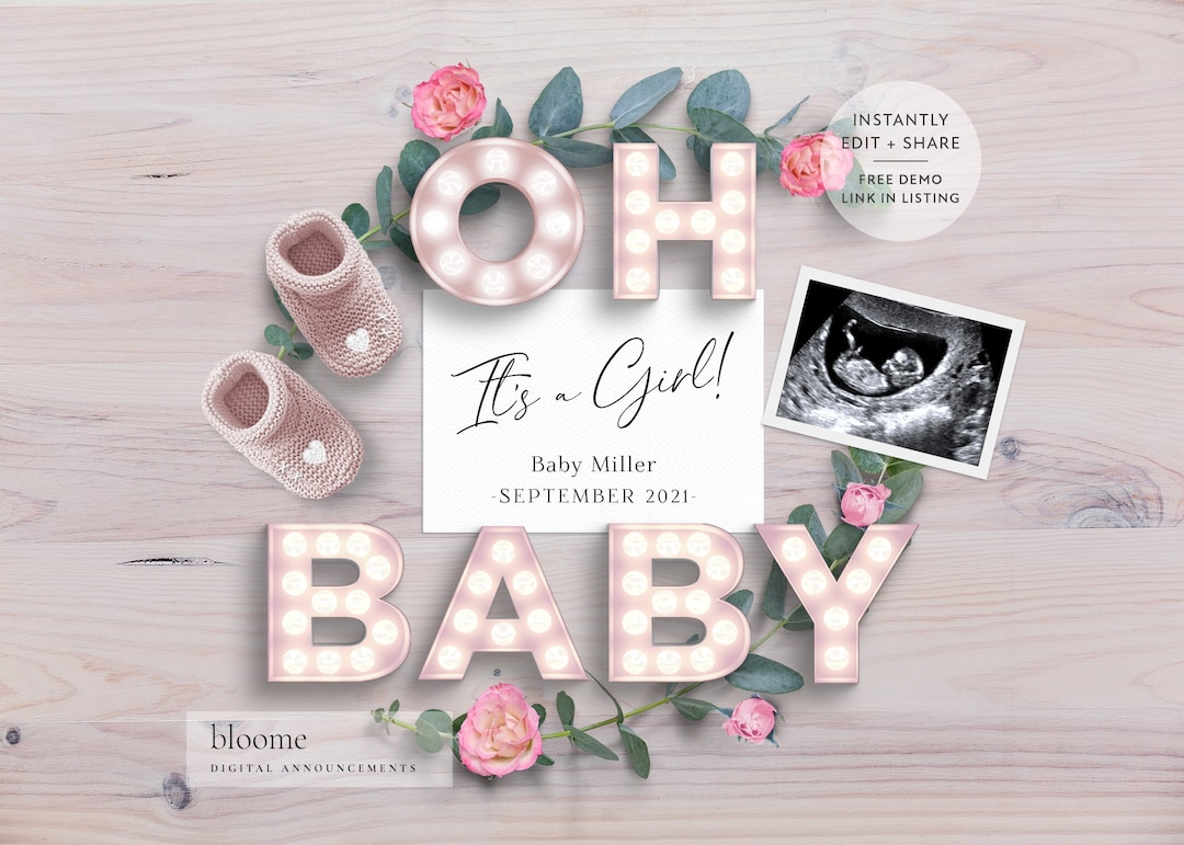 EDIT INSTANTLY! Its a Girl! Digital Pregnancy Announcement for Social ...