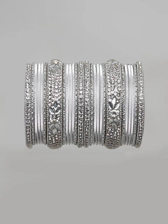 Silver Bangle Set With Silver Stones Wedding Bangles Indian | Etsy