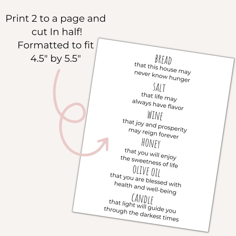 Housewarming Printable| House Blessing Printable| Bread, Salt, Wine ...