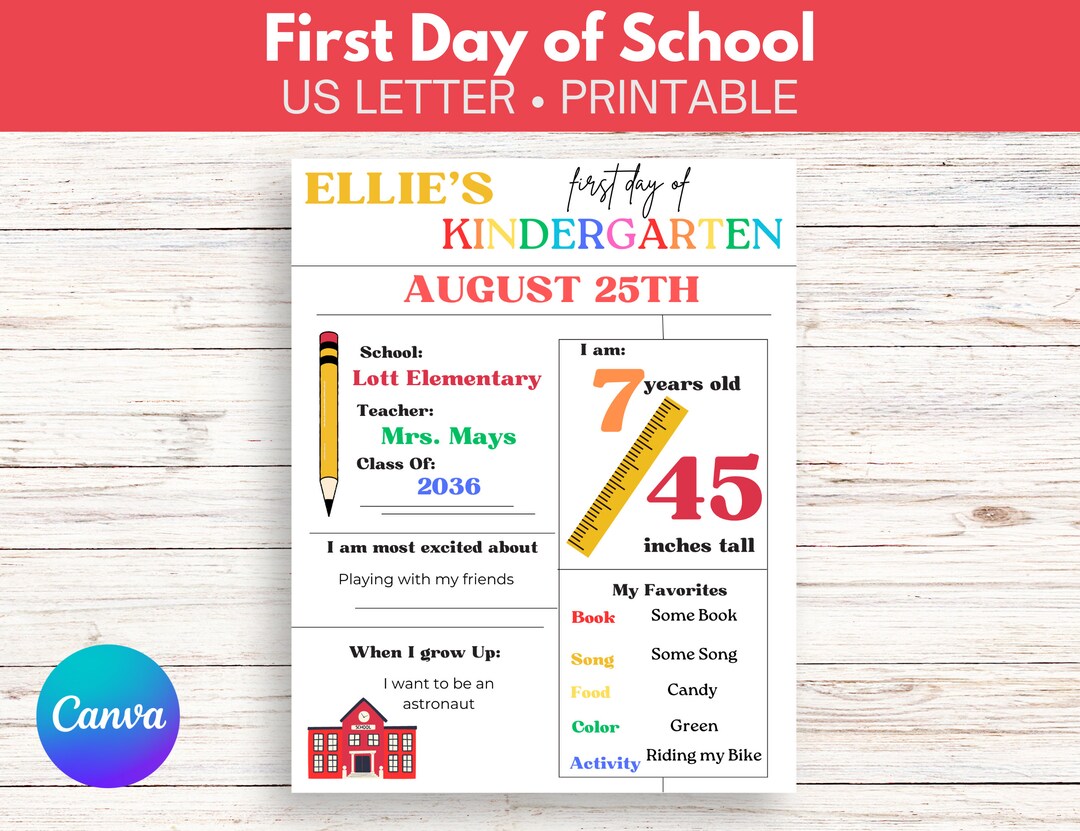 First Day of School Printable Sign Editable Kids Back to School Sign ...