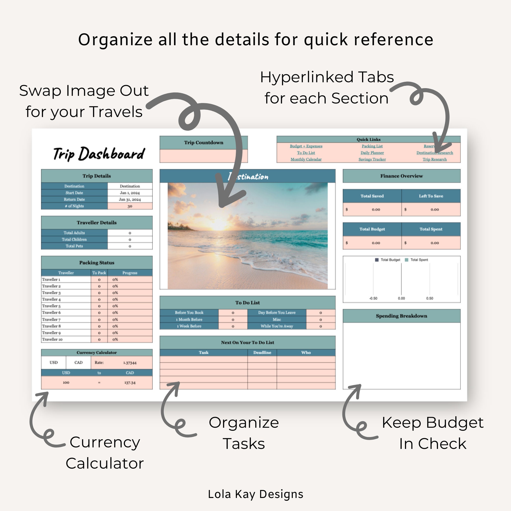 Ultimate Travel Planner for Google Sheets | Beach Themed Trip Planner ...