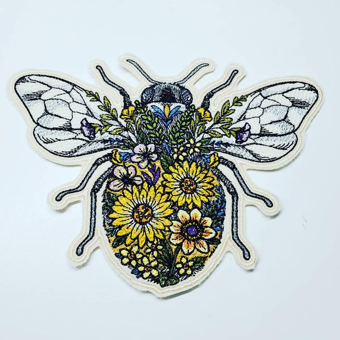 Floral Bee Embroidered Patch - Bee Patches - Bee Embroidery Designs ...