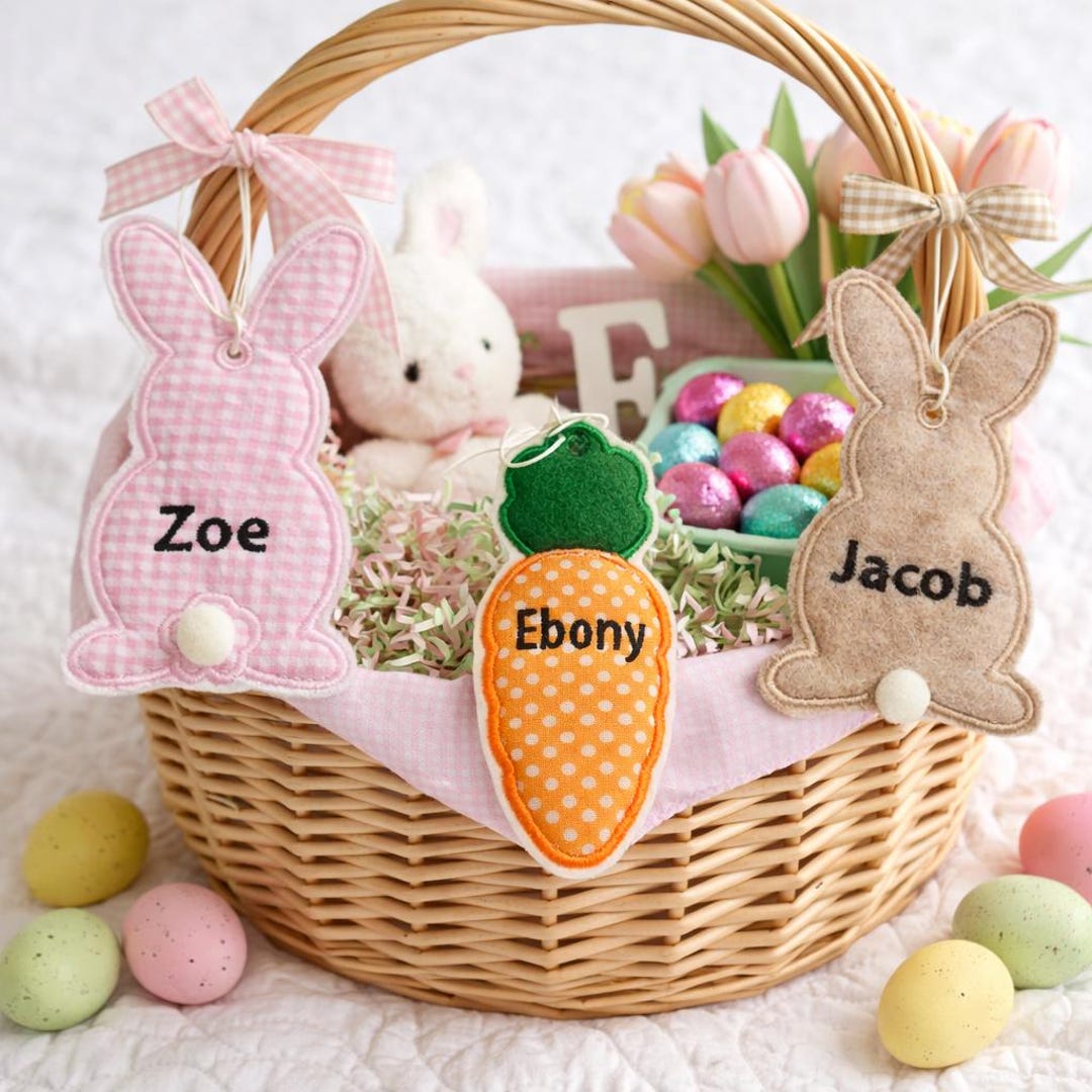 Custom Embroidered Easter Basket Tags | Personalized Bunny & Carrot ...