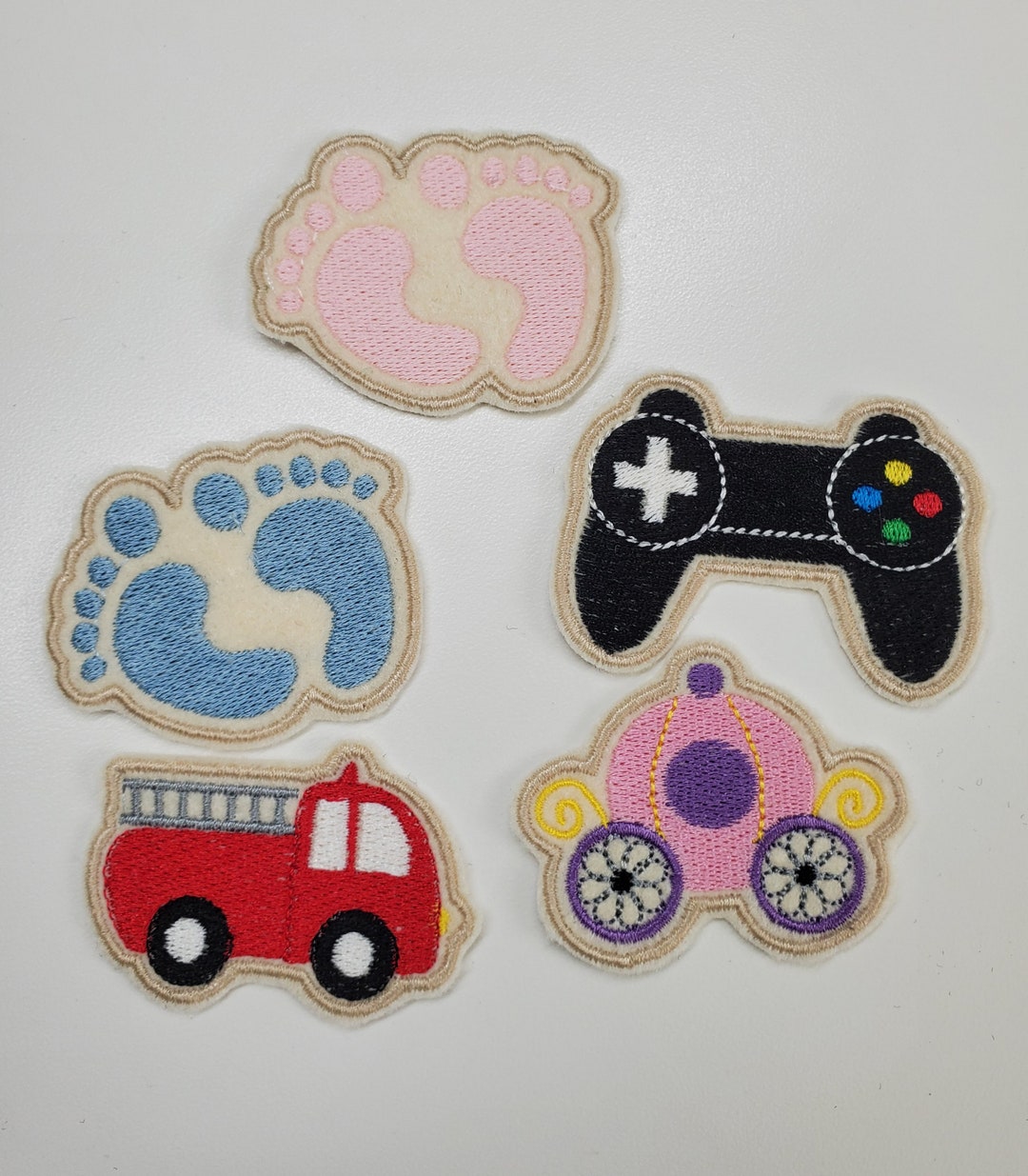 Whimsical Embroidered Patches, Fire Truck Patch, Baby Feet Patch, Game Controller Patch ...