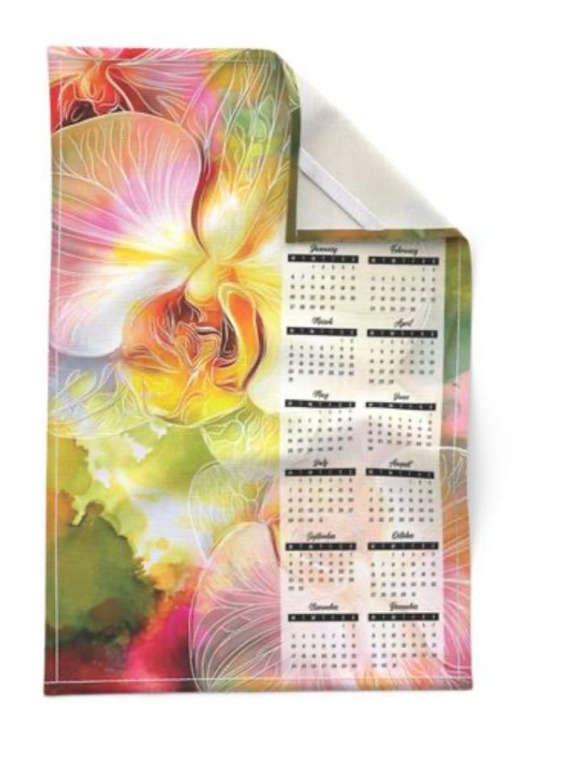 2025 Calendar Tea Towel of Orchids on Ink Background in Pinks and ...