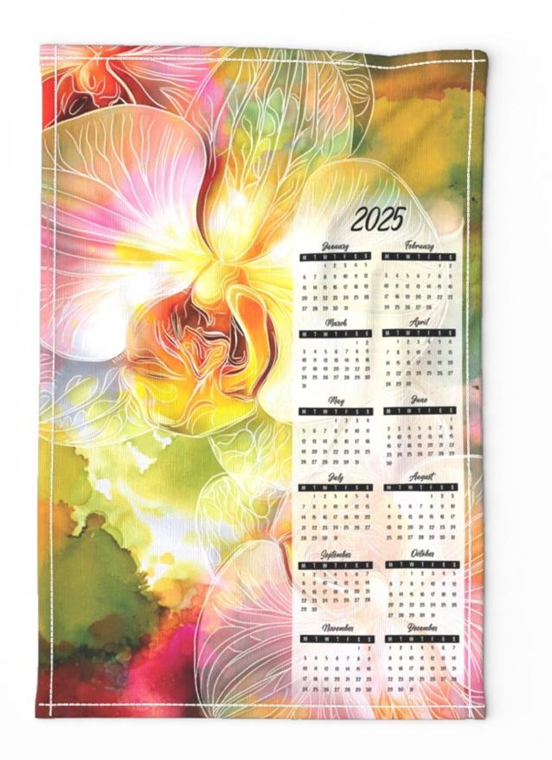 2025 Calendar Tea Towel of Orchids on Ink Background in Pinks and ...