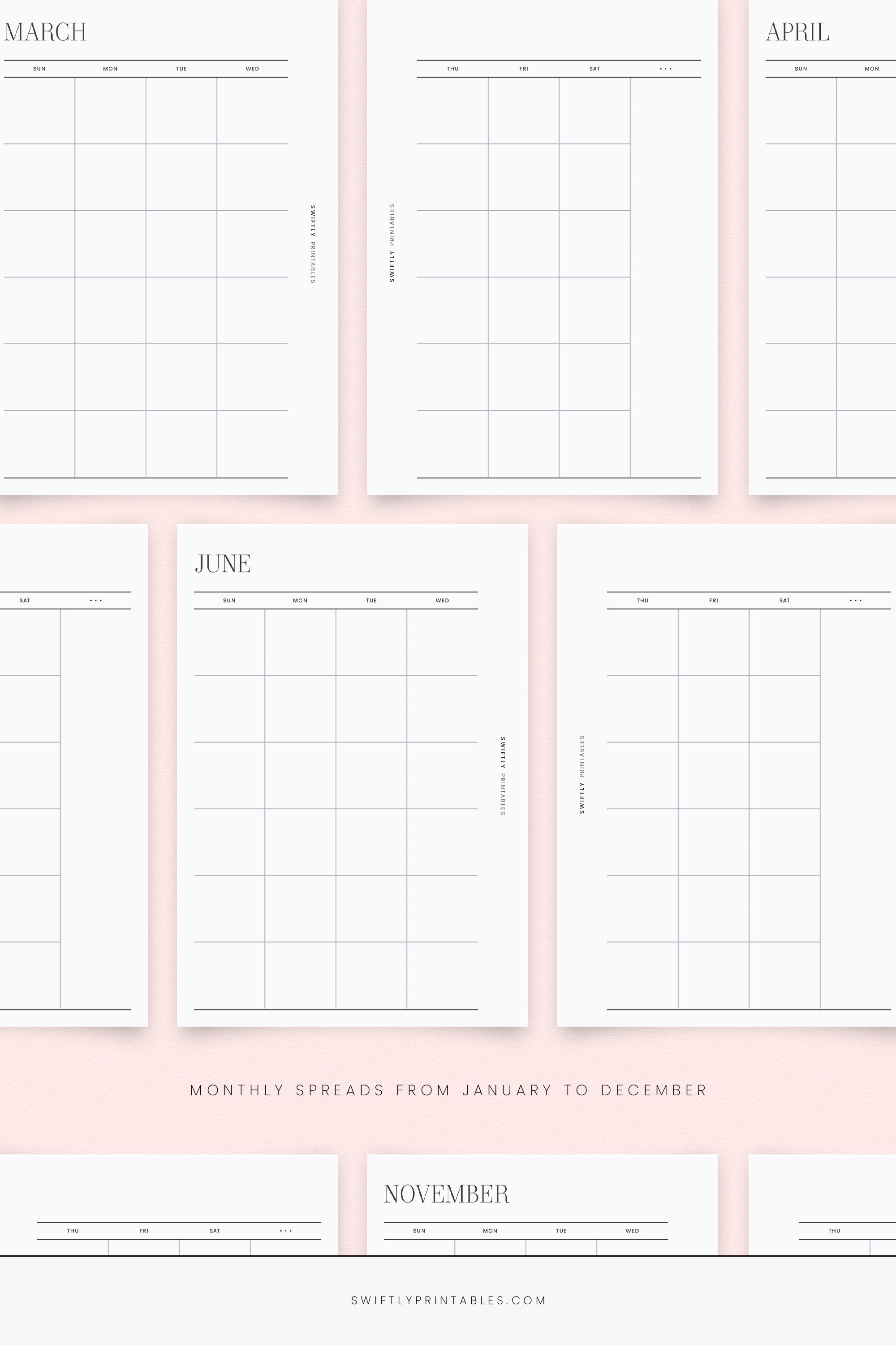 Undated Monthly Calendar Printable Planner Blank Perpetual Sun Mon ...