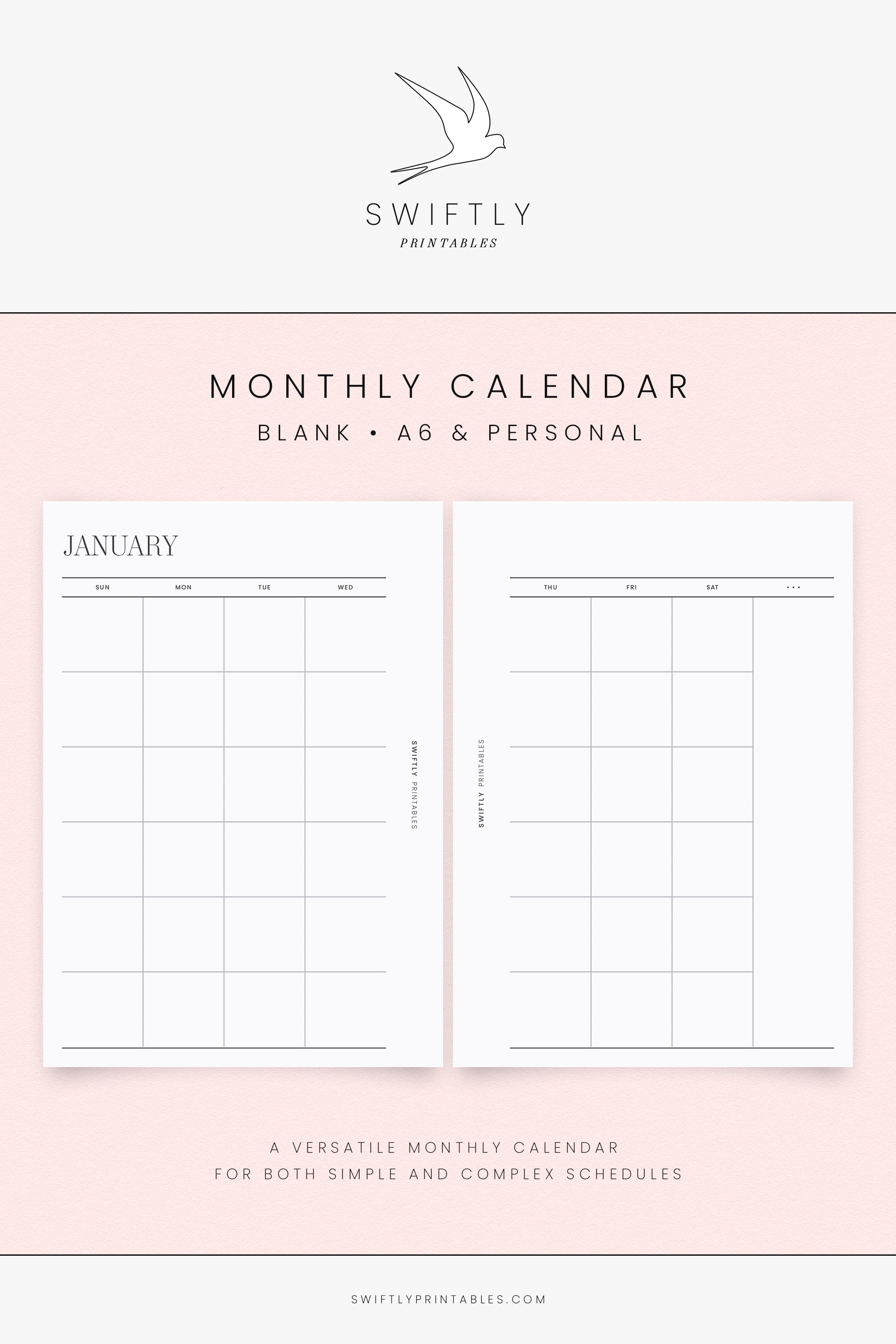 Undated Monthly Calendar Printable Planner Blank Perpetual Sun Mon ...