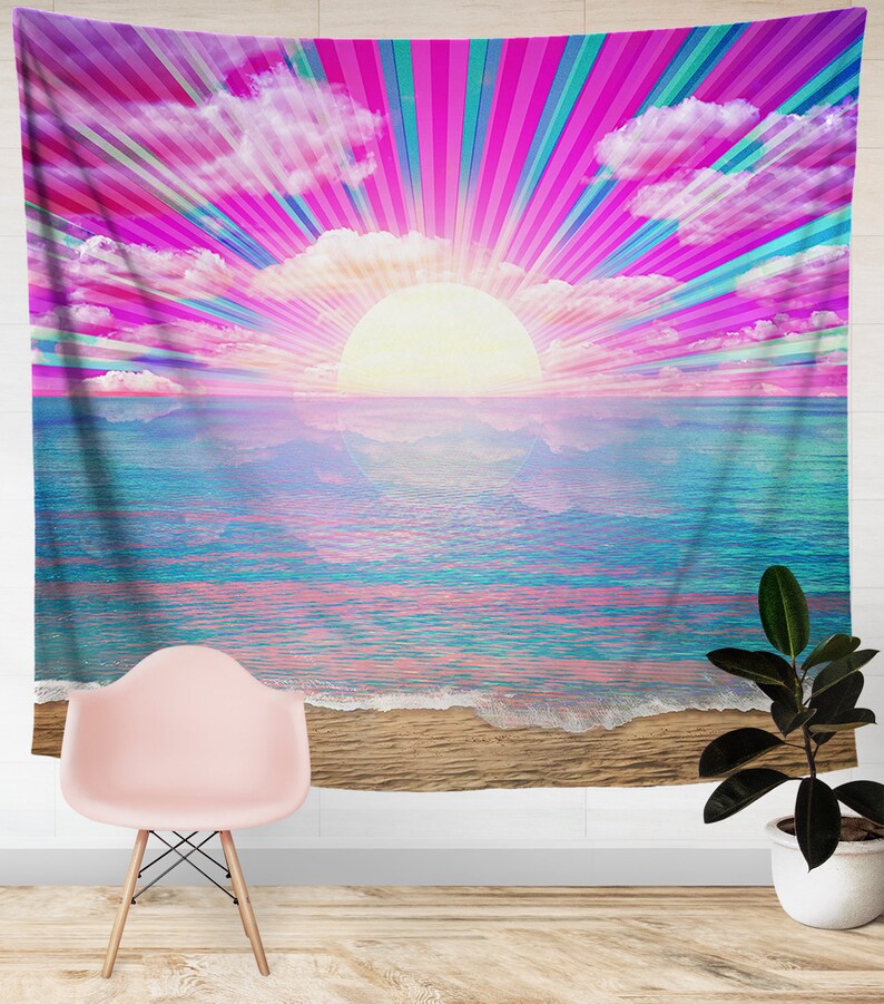 Vaporwave Beach Tapestry | Psychedelic Neon Sun Wall Hanging | Pink and ...