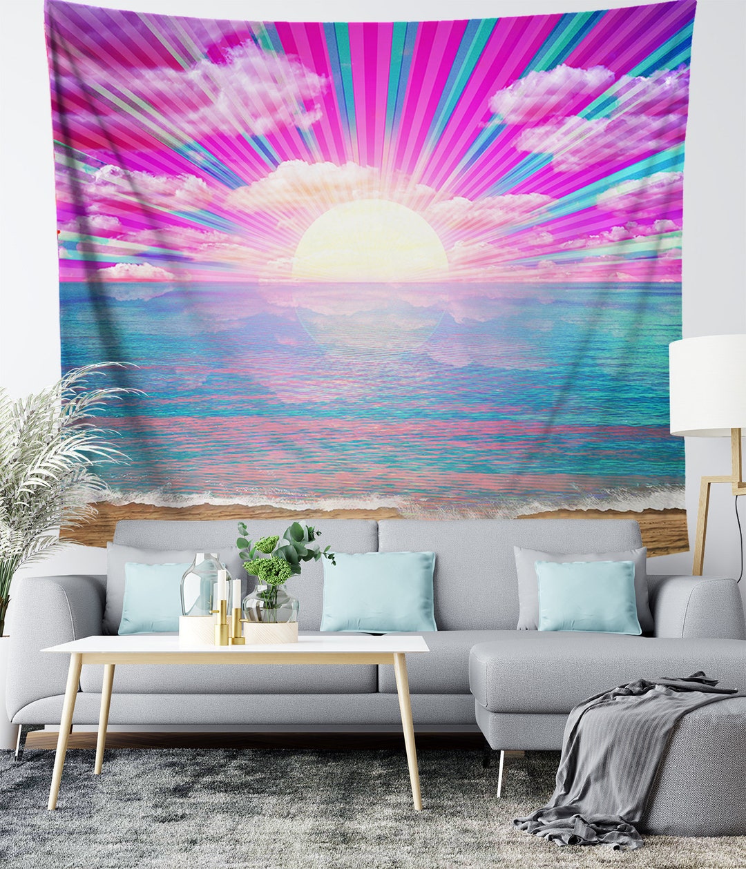 Vaporwave Beach Tapestry | Psychedelic Neon Sun Wall Hanging | Pink and ...