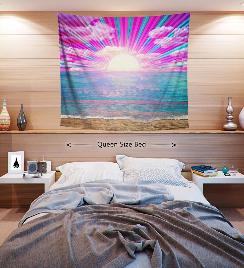 Vaporwave Beach Tapestry | Psychedelic Neon Sun Wall Hanging | Pink and ...