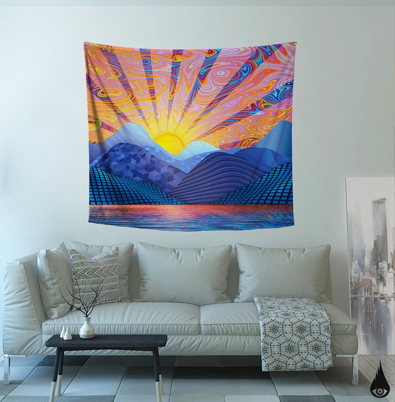 Psychedelic Sunrise Tapestry Blue Mountain Trippy Landscape - Etsy
