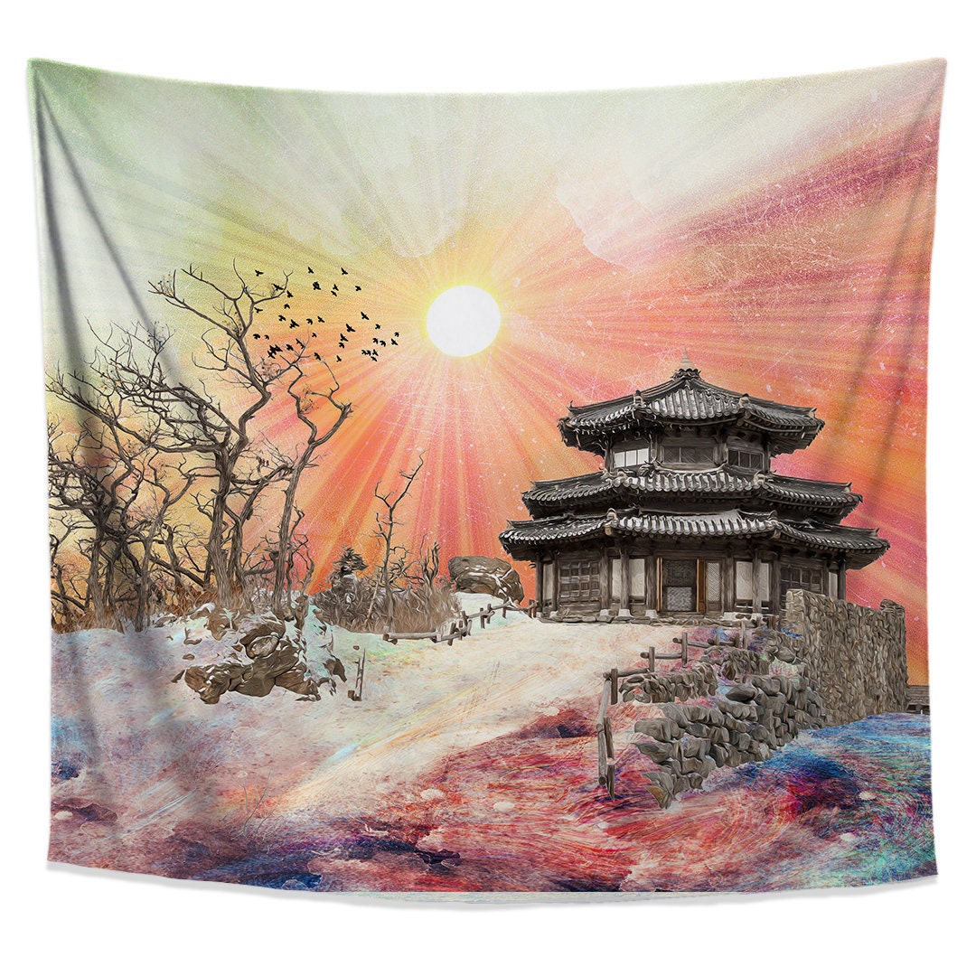 Zen Temple Tapestry | Pastel Sunset Wall Hanging | Yoga Meditation ...