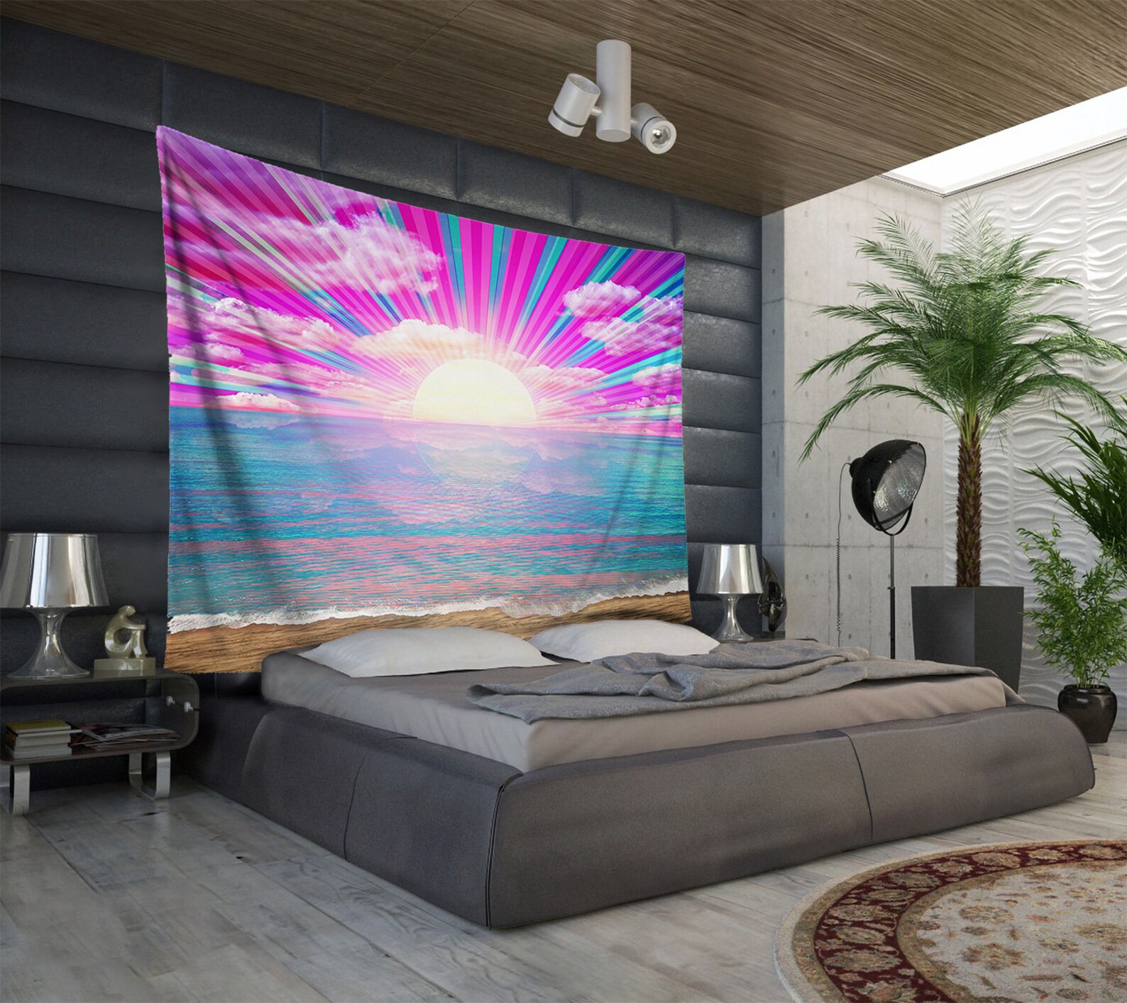 Vaporwave Beach Tapestry | Psychedelic Neon Sun Wall Hanging | Pink and ...