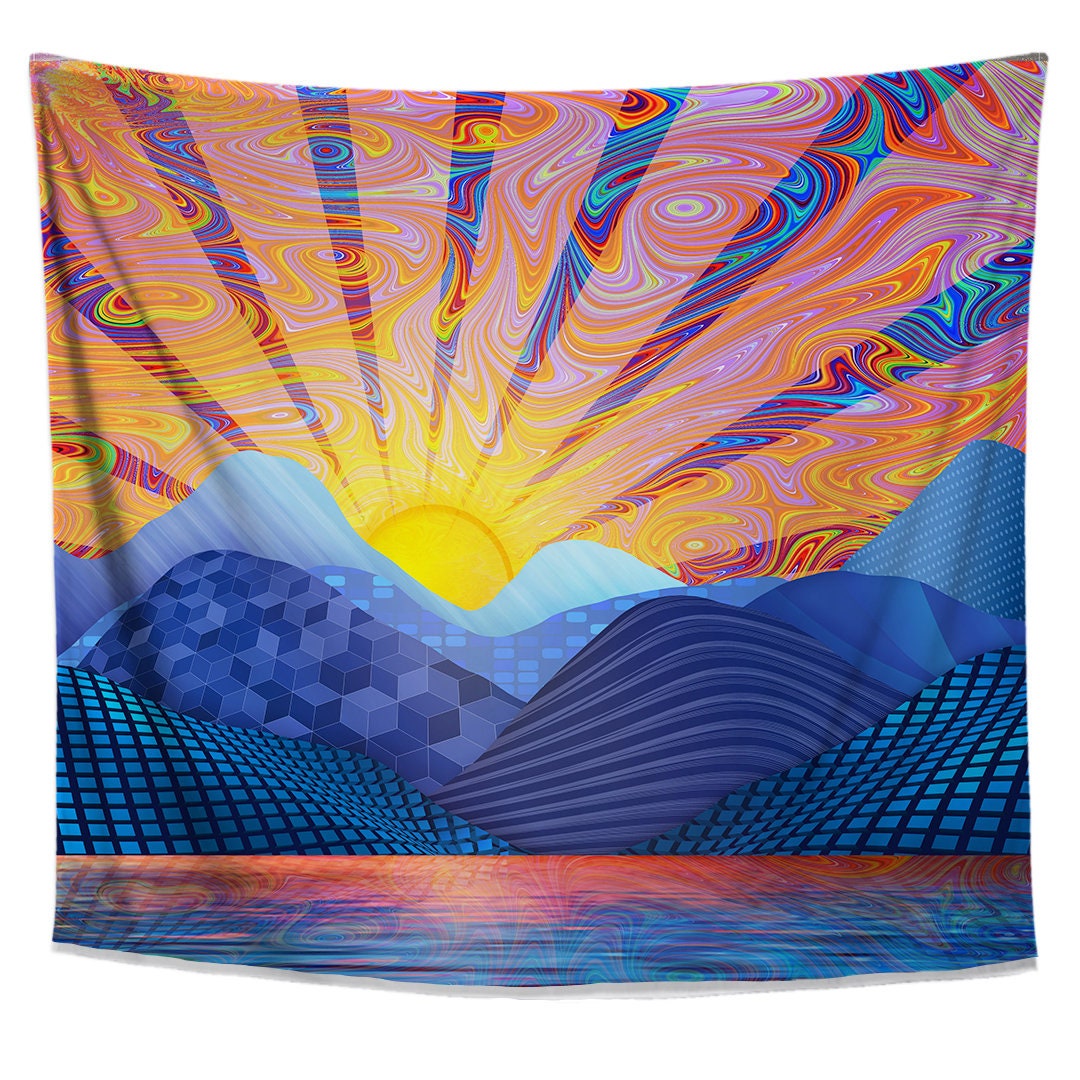 Psychedelic Sunrise Tapestry | Blue Mountain Trippy Landscape Wall ...