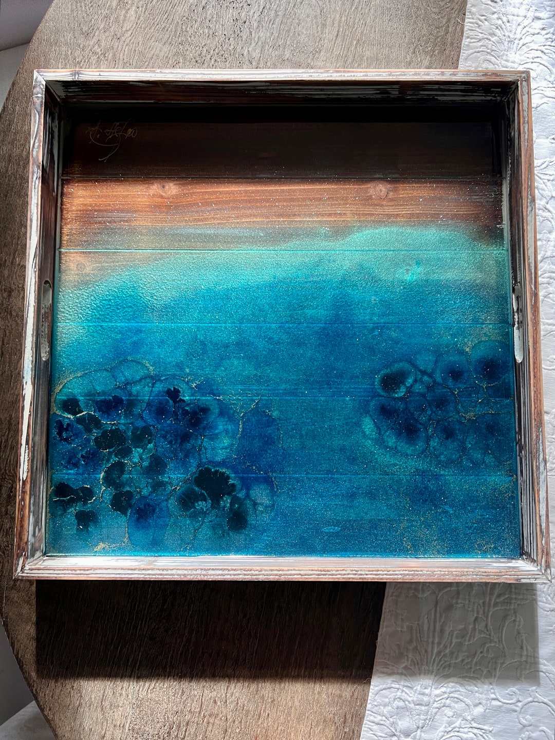 Resin Ocean Serving Tray: Square Ottoman Tray, Blue Decor (19x19) - Etsy