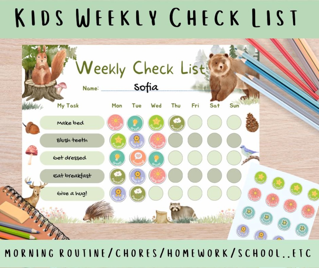 Forest Animals Chore Chart for Kids: Weekly Routine Checklist (PDF) - Etsy