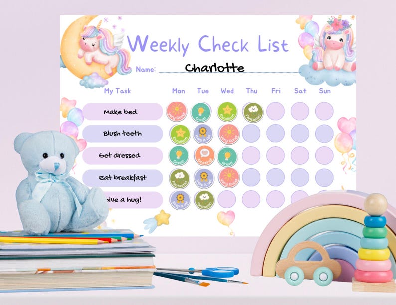 Printable Unicorn Chore Chart for Kids | Weekly Routine Checklist ...