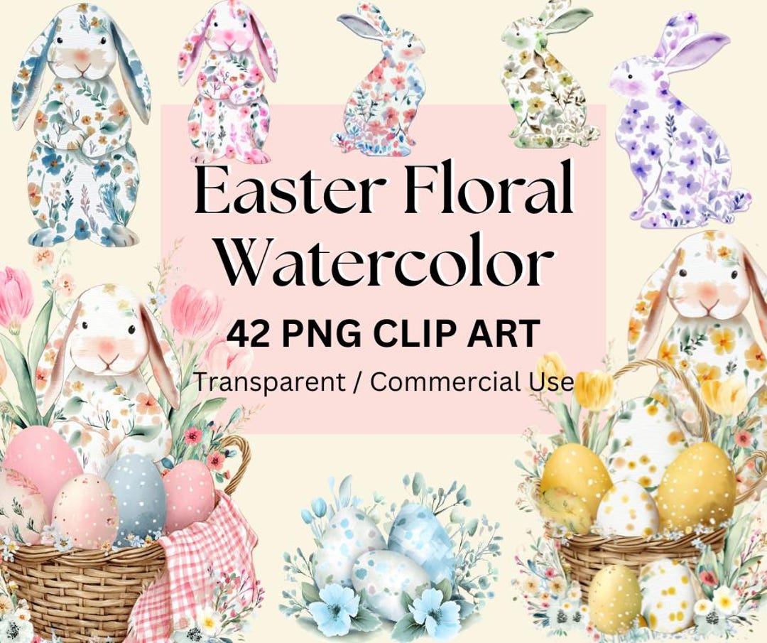 Easter Bunny Watercolor Clipart Bundle, Floral Rabbit Illustration ...