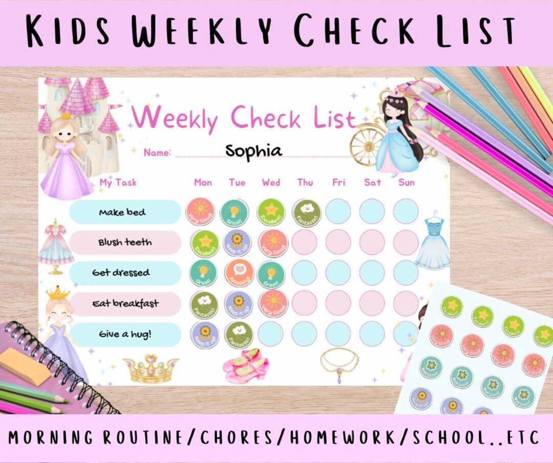 Printable Princess Chore Chart for Kids | Weekly Routine Checklist ...