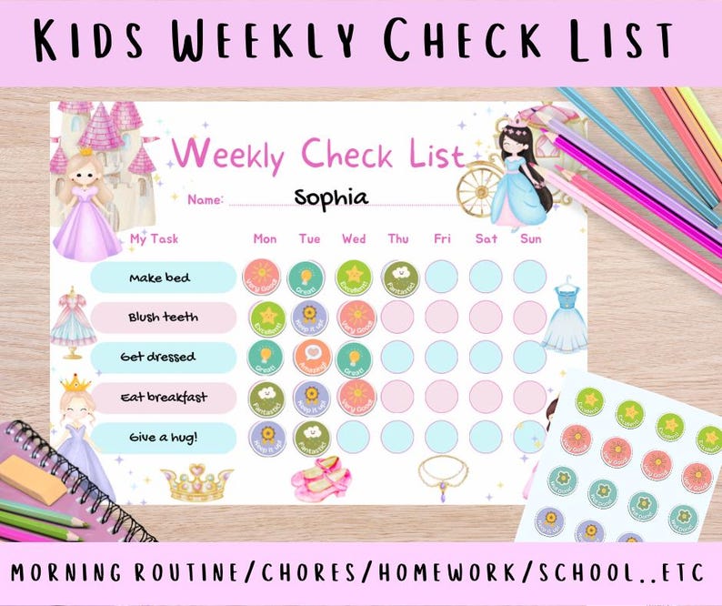 Printable Princess Chore Chart for Kids | Weekly Routine Checklist ...