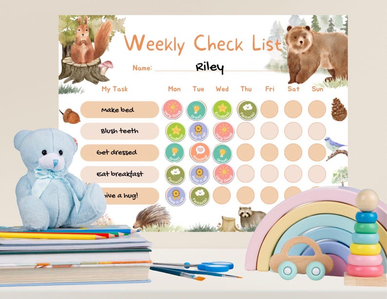 Forest Animals Chore Chart for Kids: Weekly Routine Checklist (PDF) - Etsy