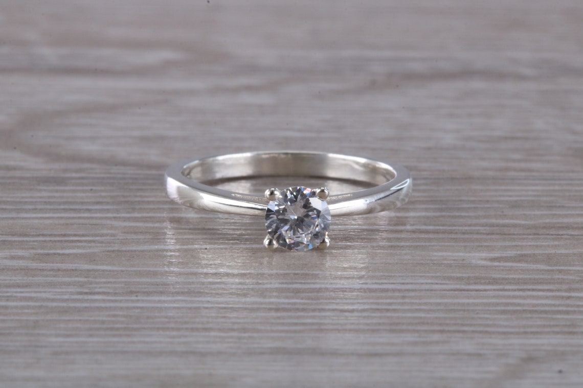 Silver Solitaire Ring Set With Beautiful Round Diamond White | Etsy