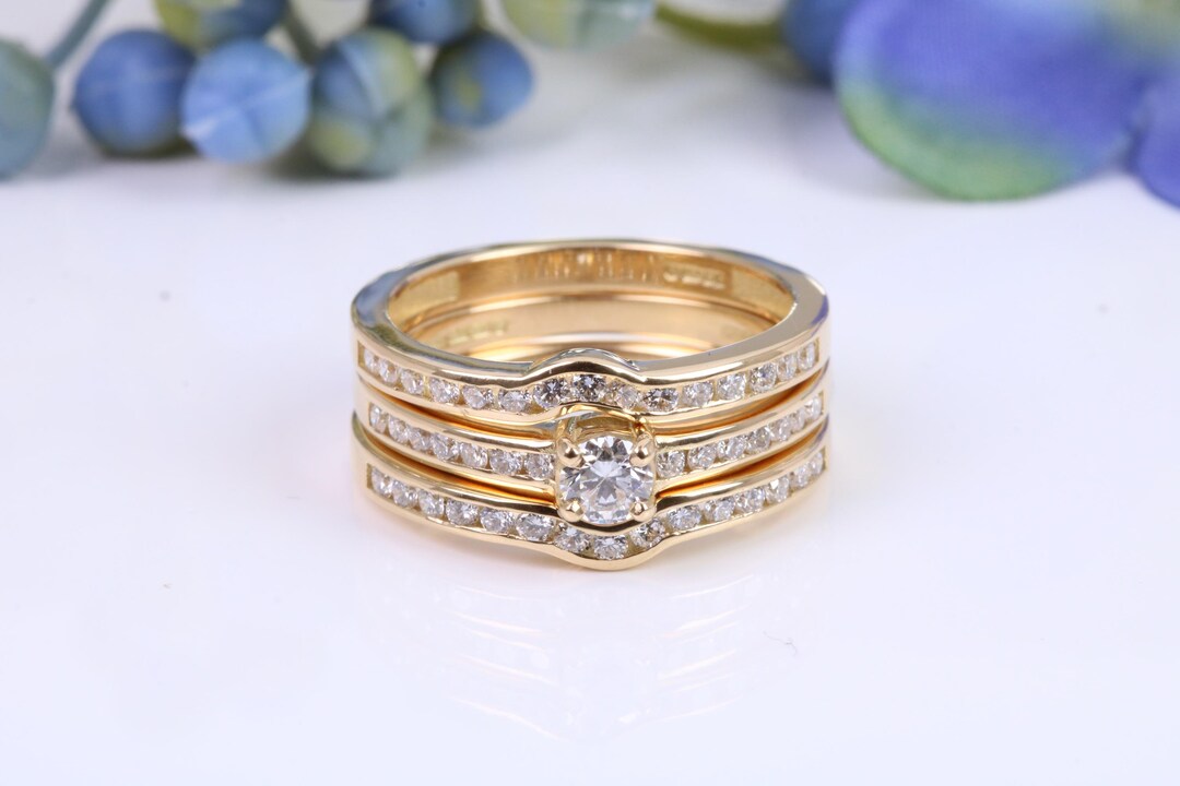 Complete Bridal Set of Three Diamond Set Rings, Engagement, Wedding and ...