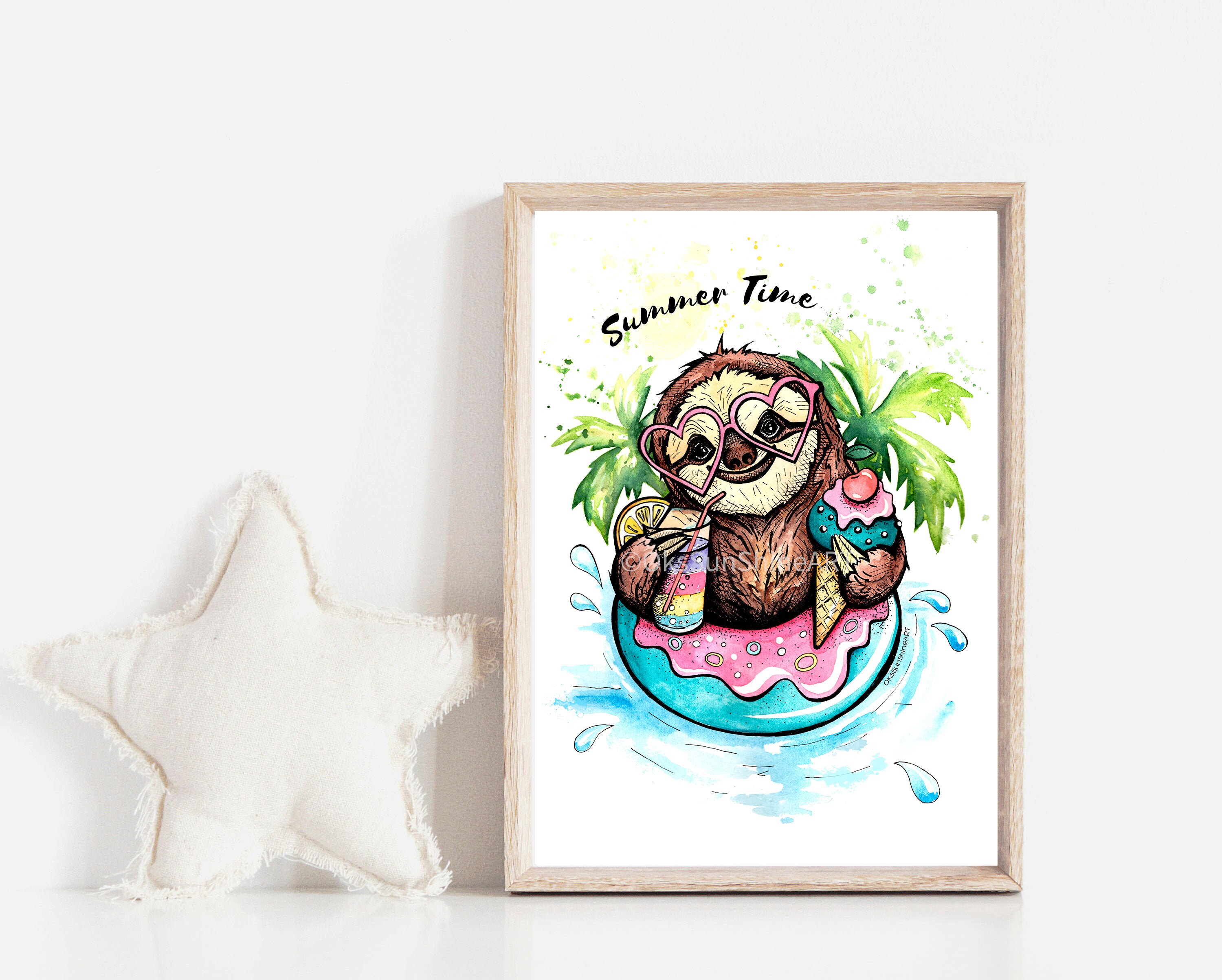Cute sloth watercolor painting Digital download Sloth summer | Etsy